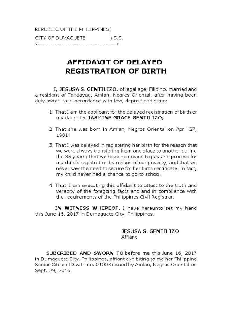 Affidavit of Delayed Registration of Birth: I, JESUSA S. GENTILIZO, of ...