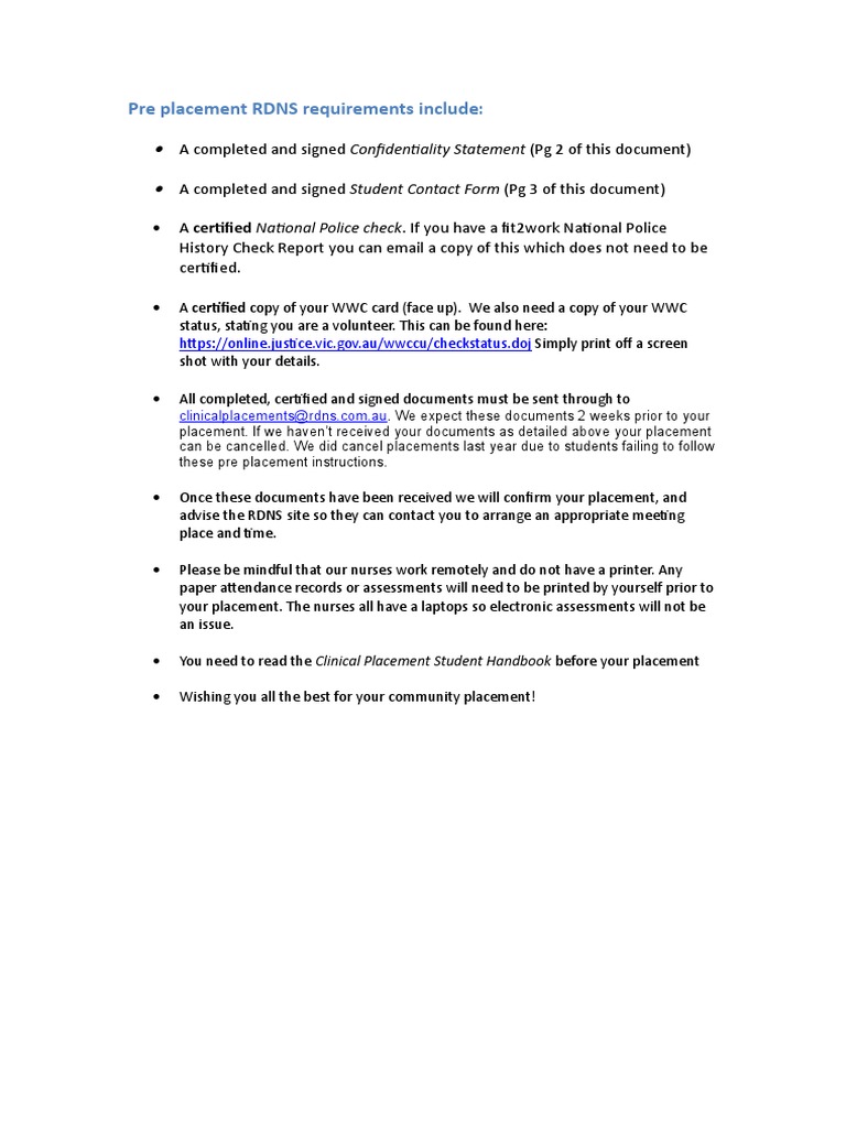Pre Student Clinical Placement Requirements | PDF | Personally ...