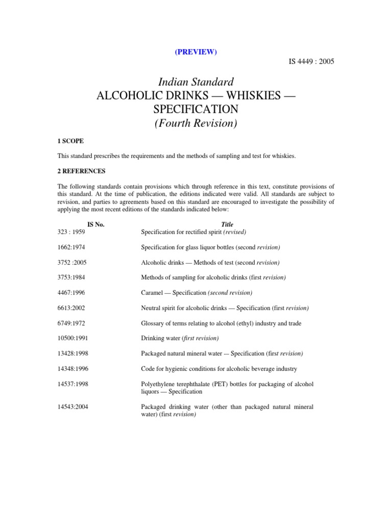 Alcoholic Drinks - Whiskies - Specification: Indian Standard | PDF