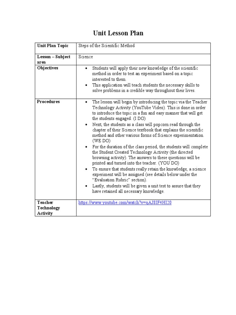 Unit Plan Topic Lesson - Subject Area Objectives | PDF | Scientific ...