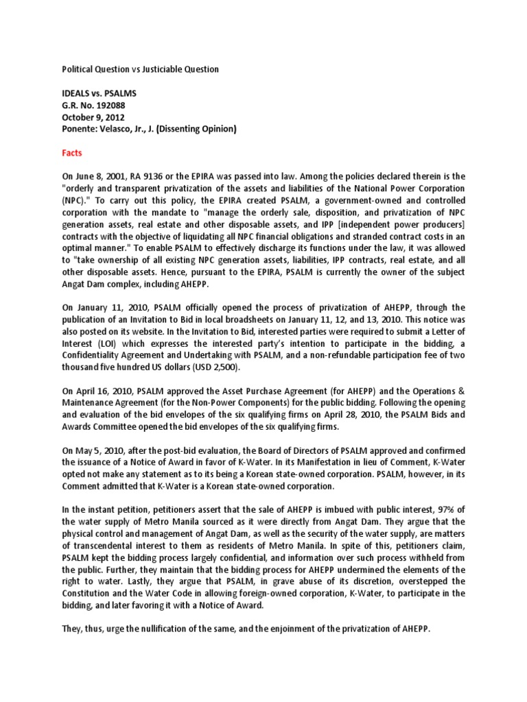 IDEALS vs. PSALM (Political Question Vs Justiciable Question) Case ...