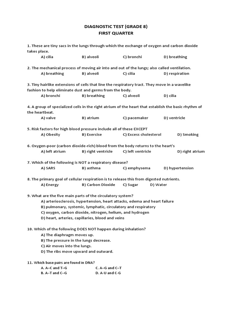 Diagnostic Test (Grade 8) First Quarter | PDF | Gene | Respiratory System