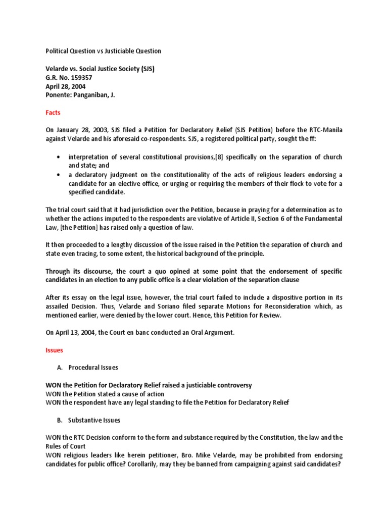 Velarde vs. Social Justice Society (SJS) (Political Question Vs ...