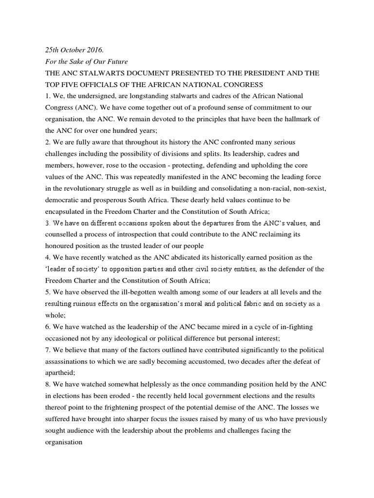 The Anc Stalwarts Document Presented To The President and The Top Five ...