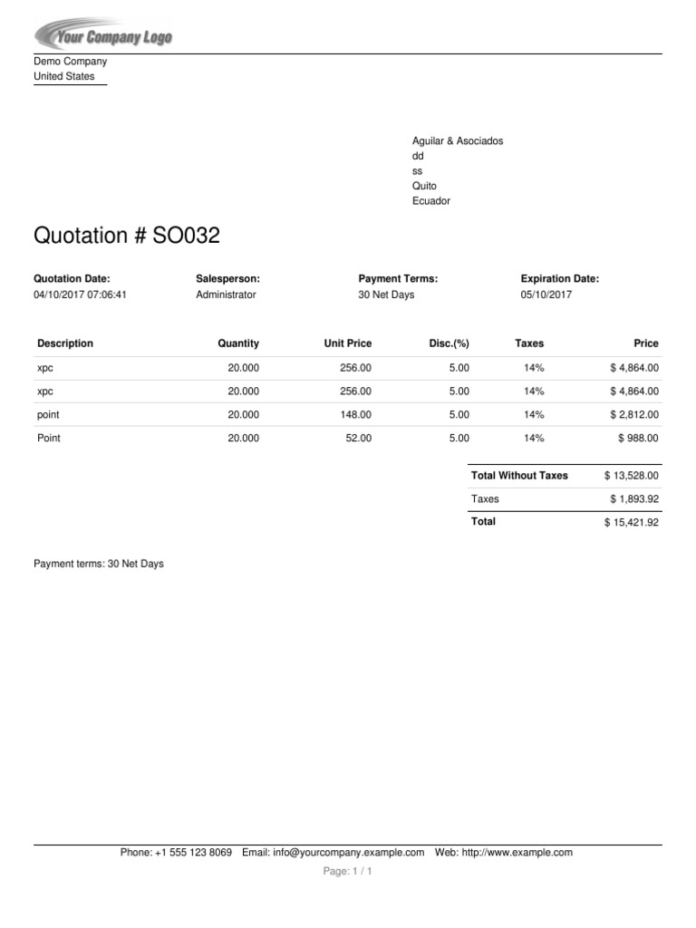 Quotation # SO032: Quotation Date: Salesperson: Payment Terms ...