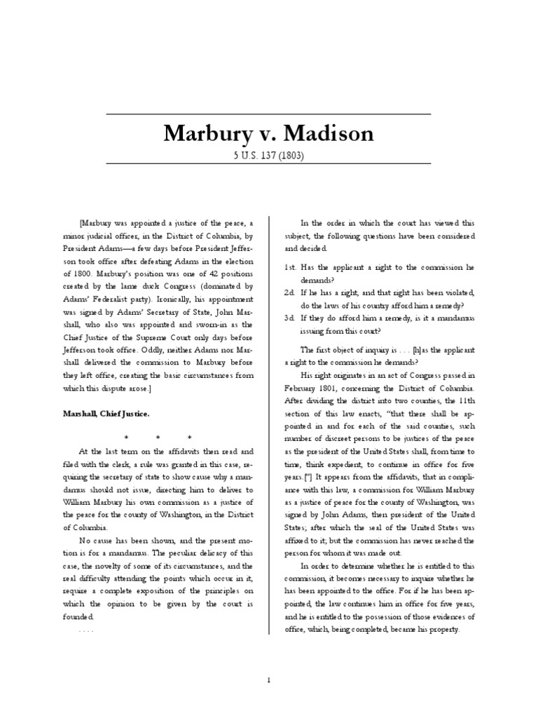 Marbury v. Madison: Legal Rights and Remedies | PDF