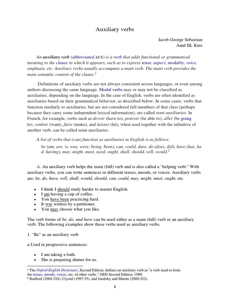 Auxiliary Verbs: Abbreviated Verb Clause Tense Aspect Modality Voice | PDF | Linguistic ...