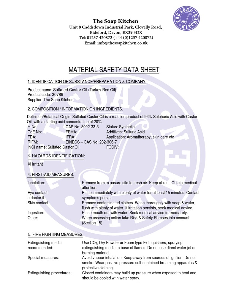 Sulfated Castor Oil MSDS Overview | PDF | Personal Protective Equipment ...