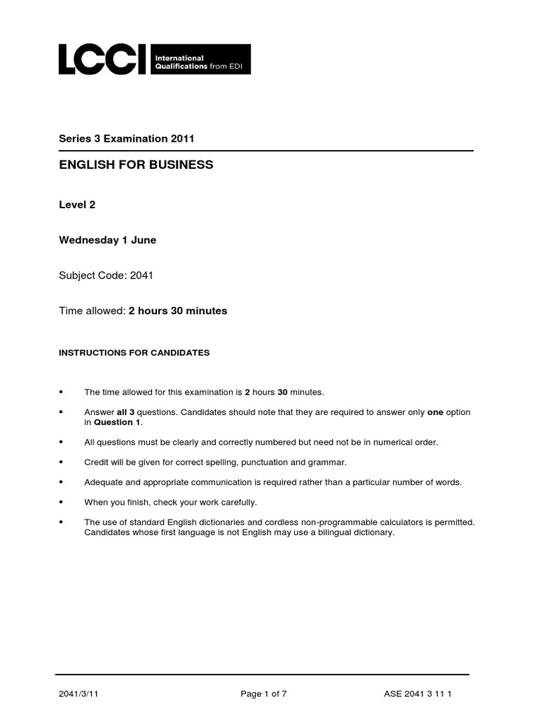 Efb Level 2 Past Paper Series 3 2011 | PDF | Question