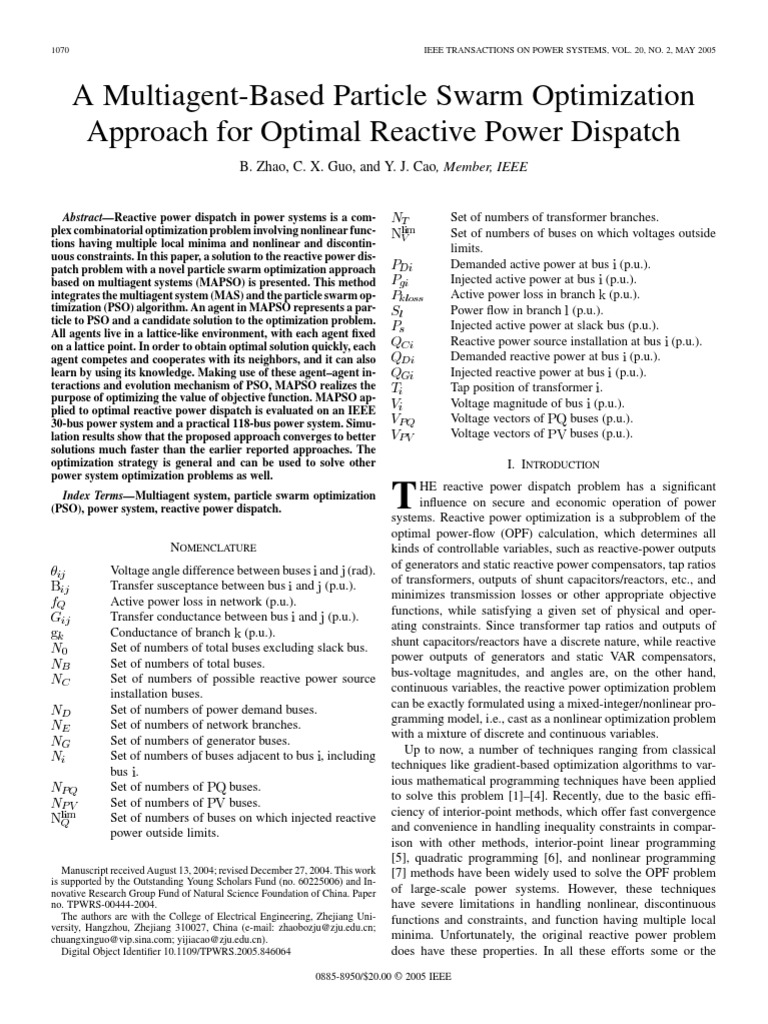 A Multiagent-Based Particle Swarm Optimization Approach For Optimal Reactive Power Dispatch ...