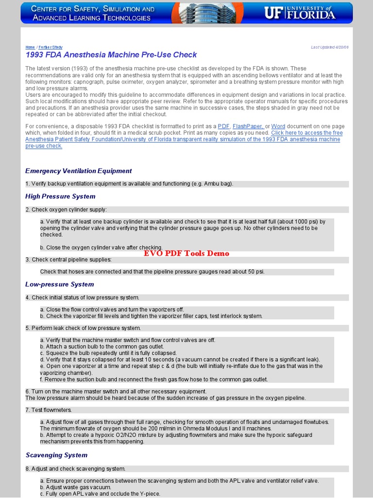 1993 FDA Anesthesia Machine Pre-Use Check: EVO PDF Tools Demo | PDF ...