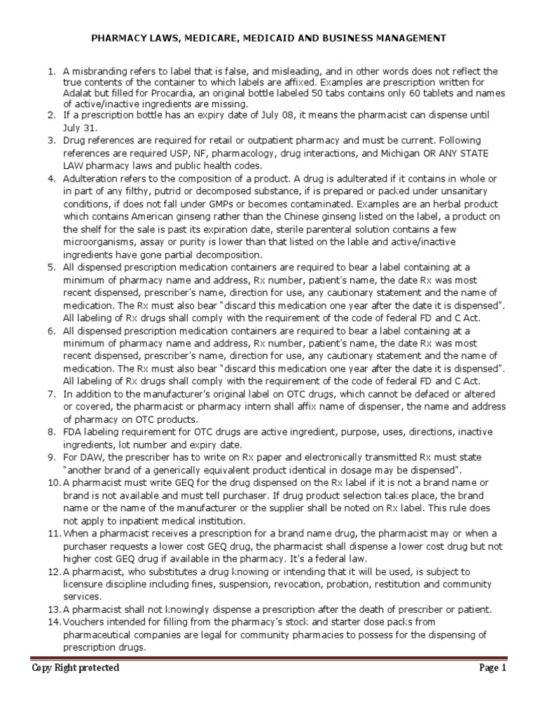Pharmacy Laws, Medicare, Medicaid and Business Management: Copy Right ...