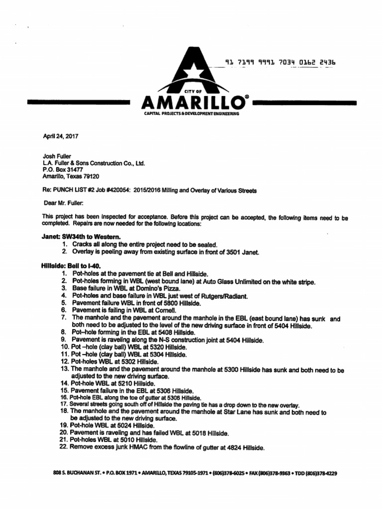 Punch List of Road Defects | PDF | Sidewalk | Industries