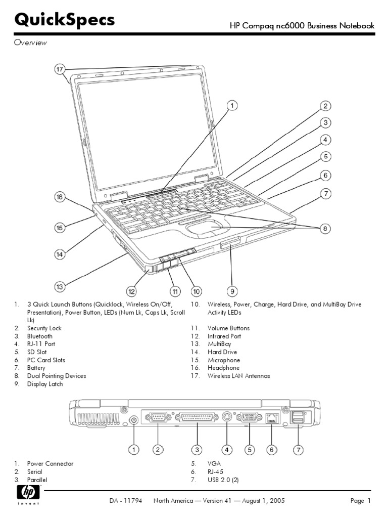 HP Compaq NC6000 Specifications | PDF | Laptop | Secure Digital