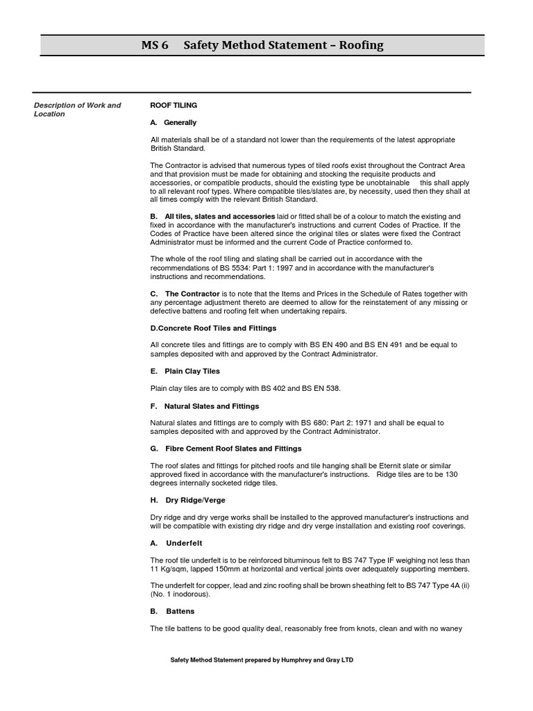 MS 6 Safety Method Statement Roofing | Roof | Asphalt