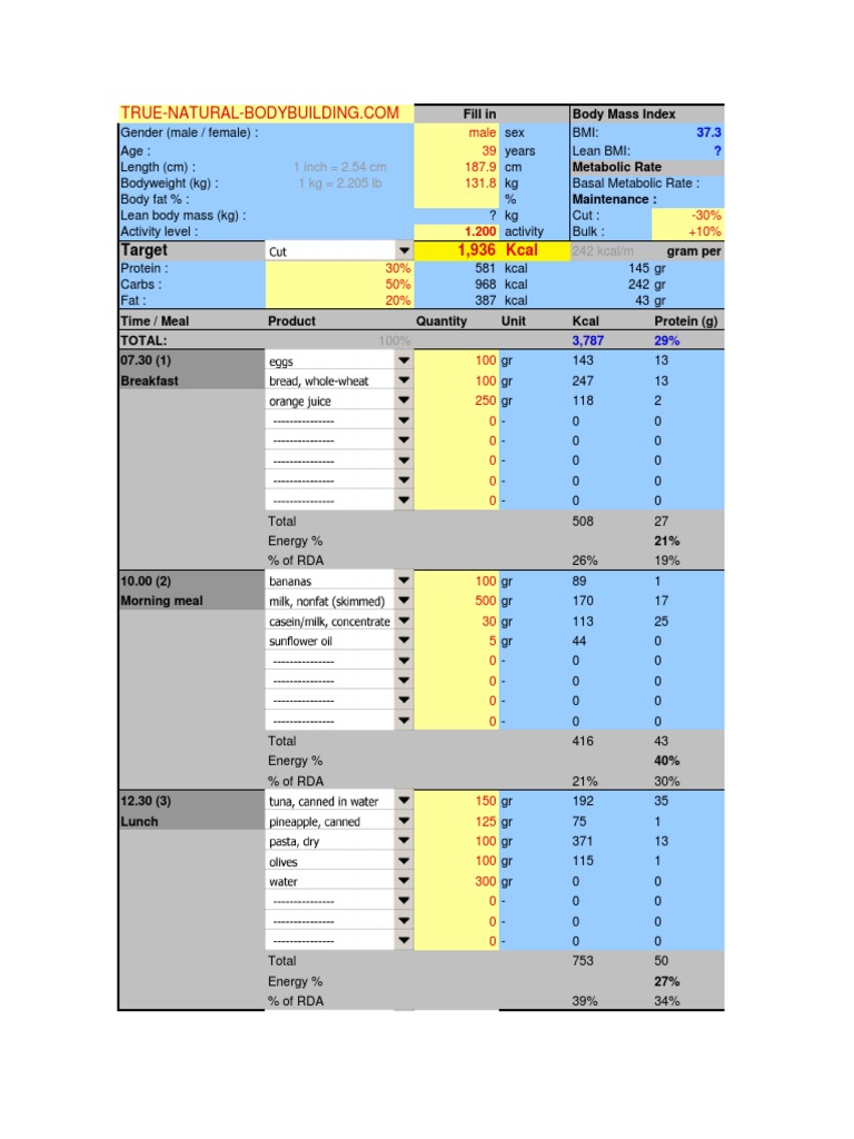 Diet Plan True Natural Bodybuilding v3 7 | PDF | Carbohydrates | Body ...