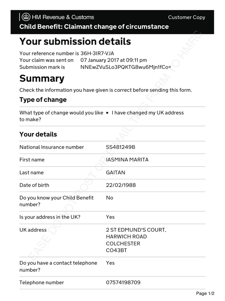 HMRC Child Benefit Claimant Change of Circumstances 36H 3IR7 VJA | PDF ...