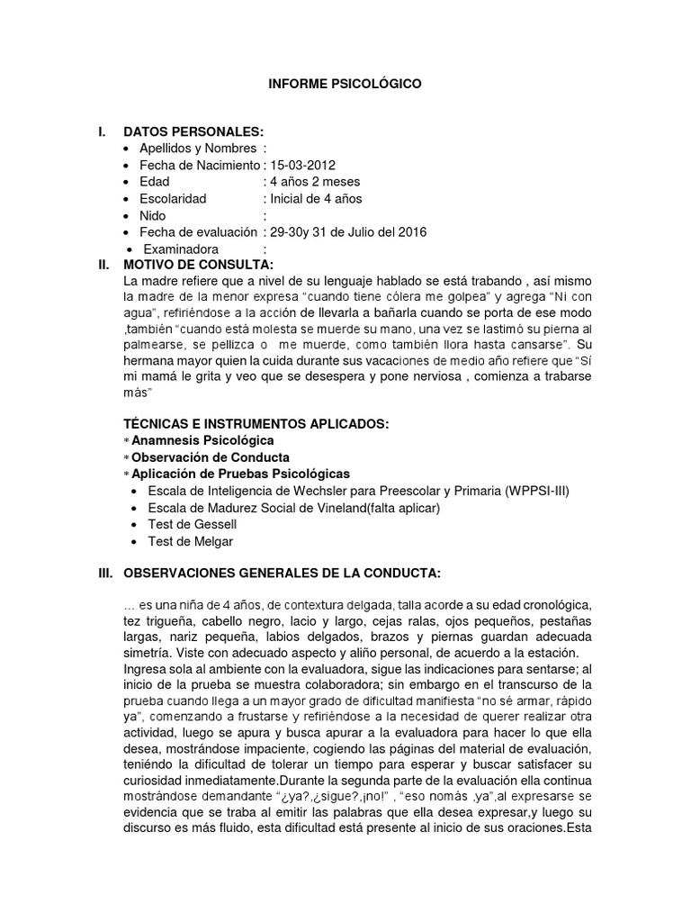 Informe Psicológico Modelo | Las emociones | Autosuperación