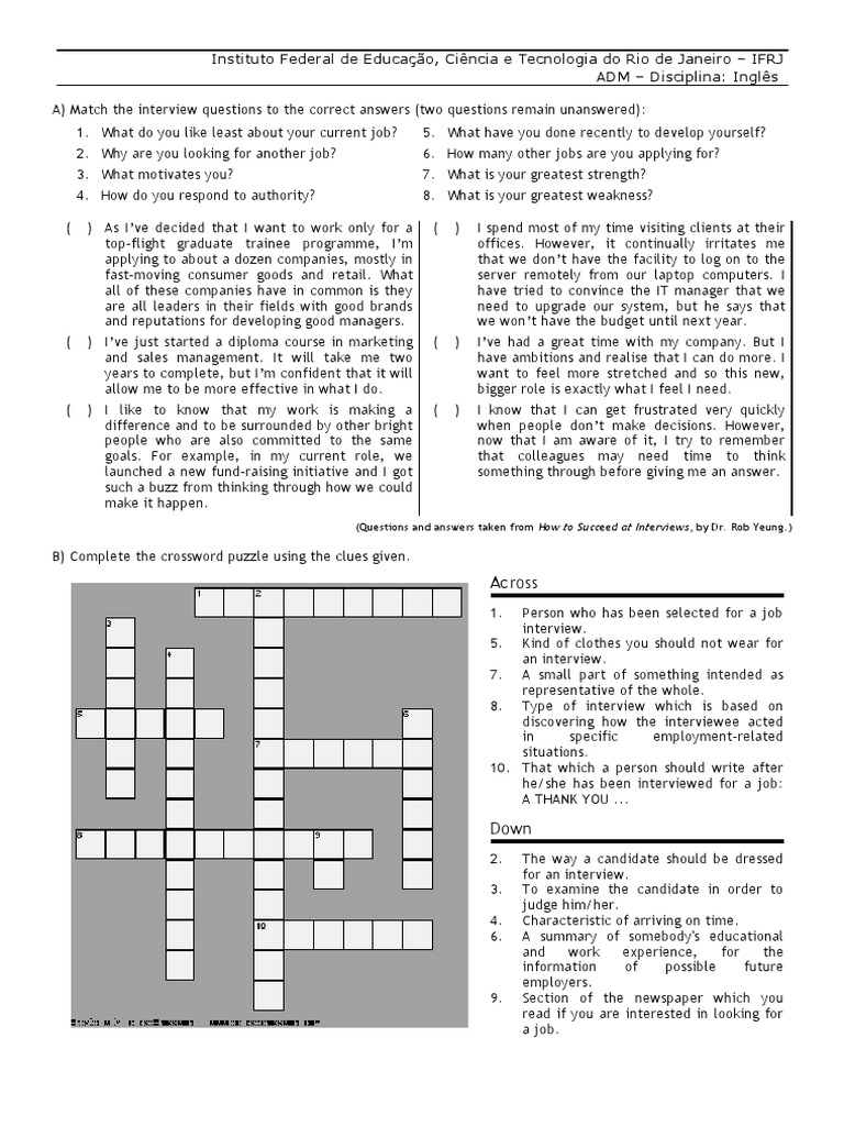Interview Questions and Crossword Puzzle | PDF | Business