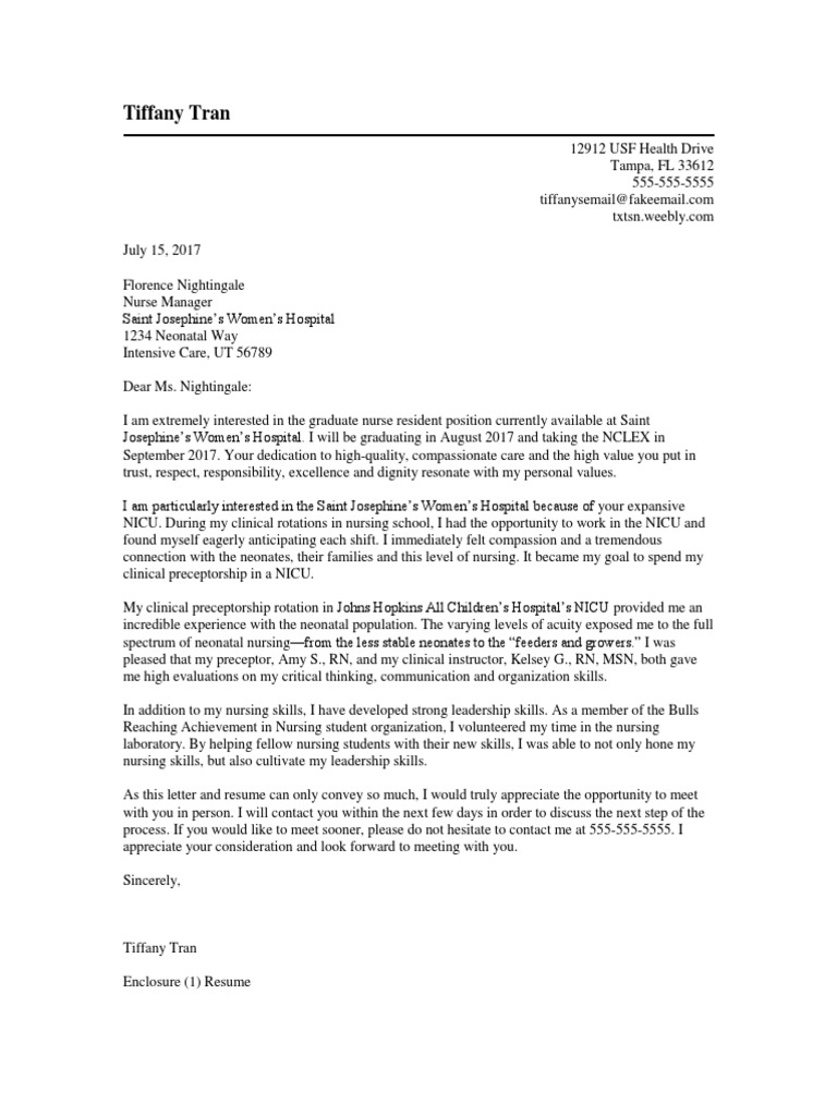Tran-Eportfolio Cover Letter | PDF | Neonatal Intensive Care Unit | Nursing