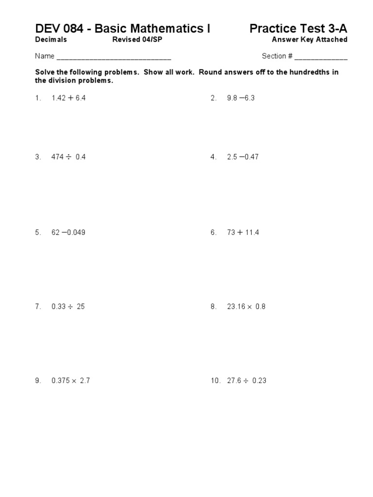 Basic Mathematics I: Decimals Practice Test | PDF | Numbers | Decimal