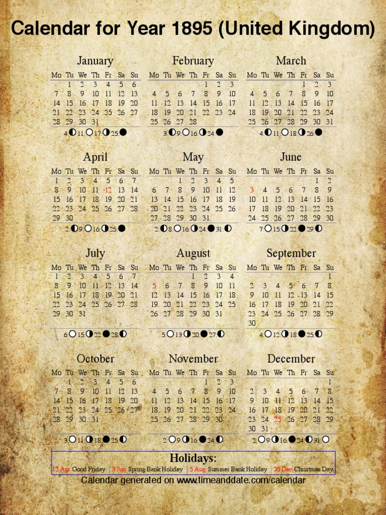 Year 1895 Calendar - United Kingdom - BCKGRND | PDF | Observances ...
