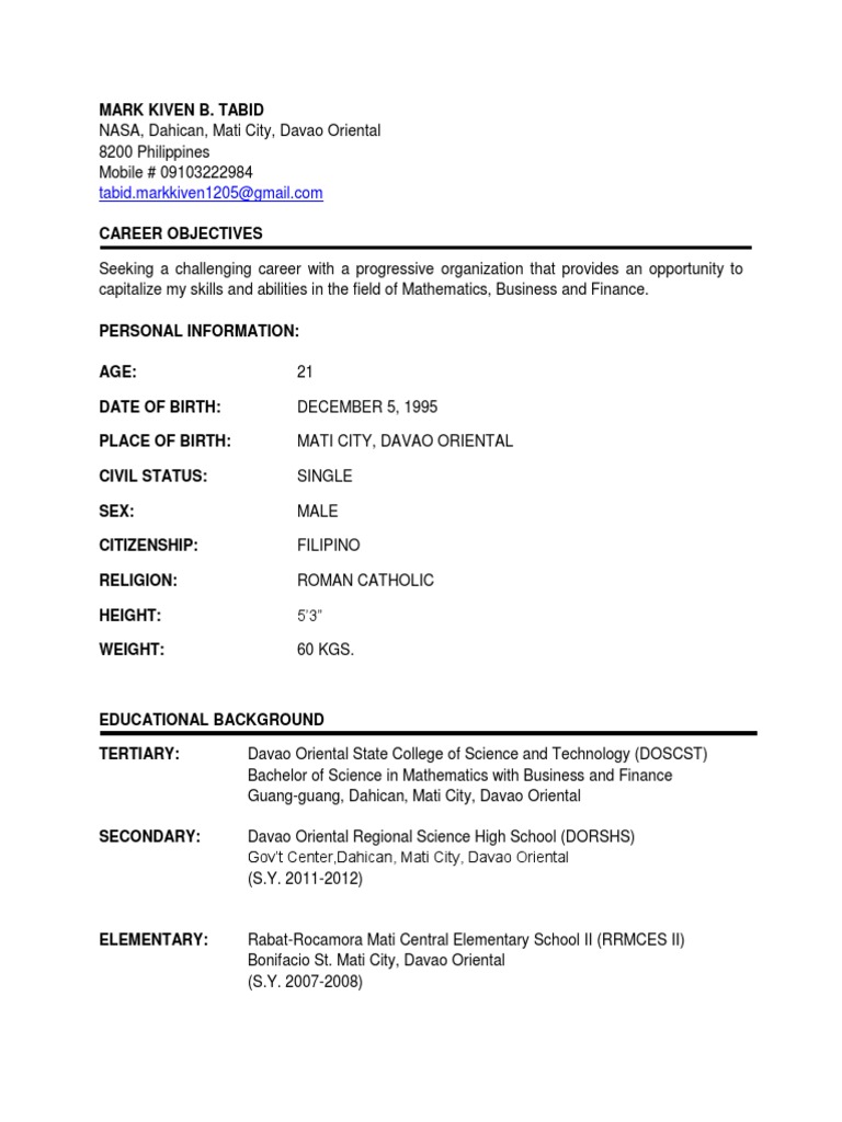 Mark Kiven Tabid's Career Profile | PDF