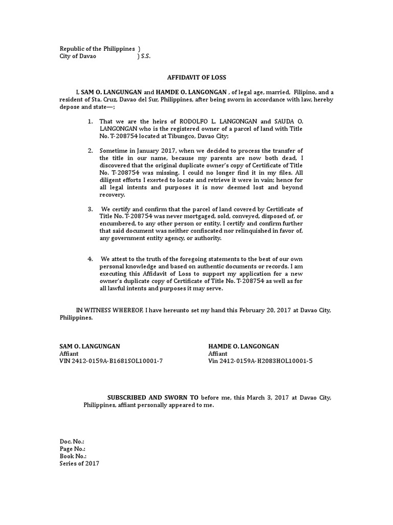 Affidavit of Title of Lands | PDF