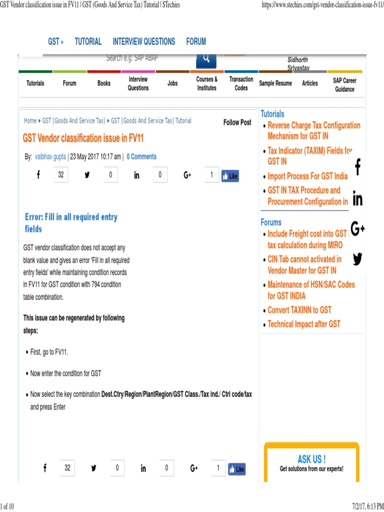 GST Vendor Classification Issue in FV11 - GST (Goods and Service Tax ...