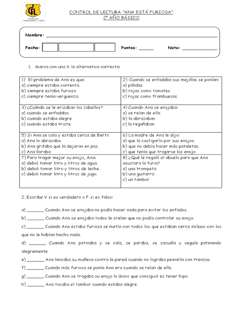 Control de lectura: Ana está furiosa | PDF | Ocio