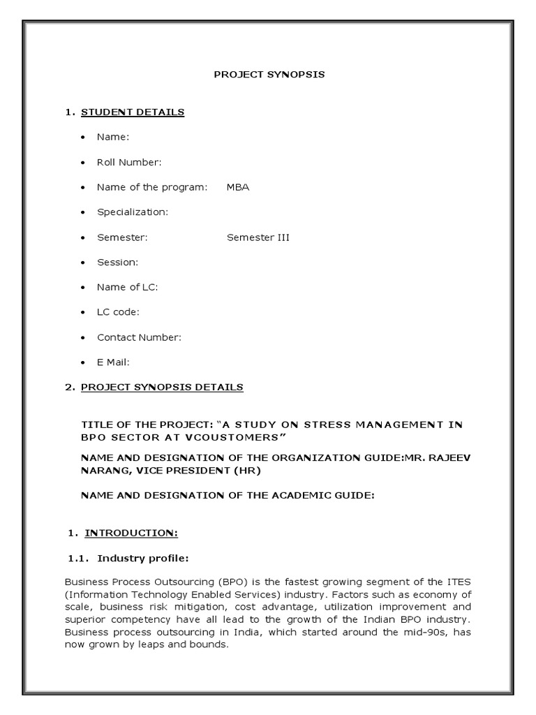 Project Synopsis Mba HR Stress Management in Bpo Sector | PDF ...