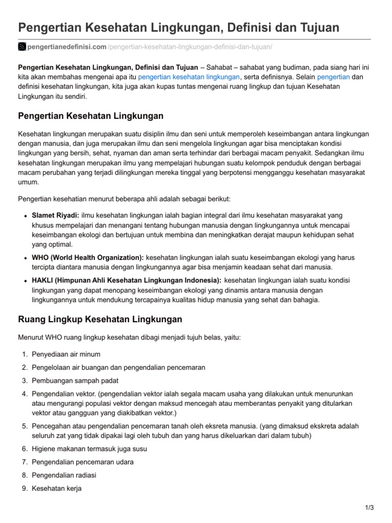 Pengertian Kesehatan Lingkungan Definisi Dan Tujuan | PDF