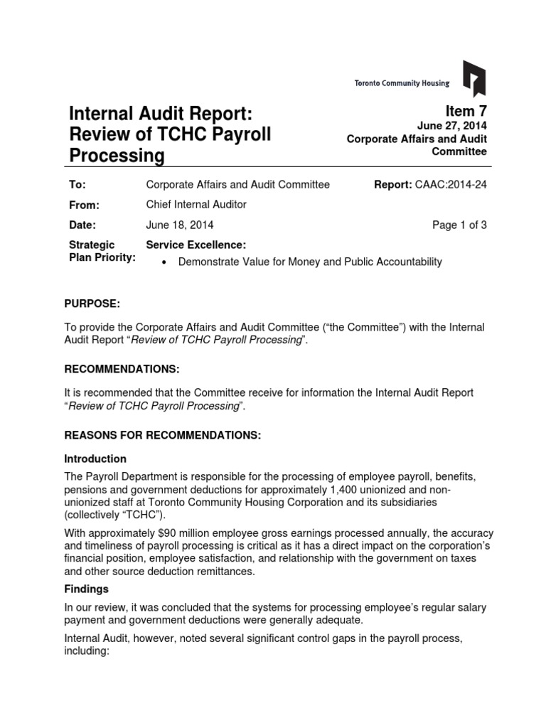 Item 7 - Internal Audit Report - Review of TCHC Payroll Processing ...
