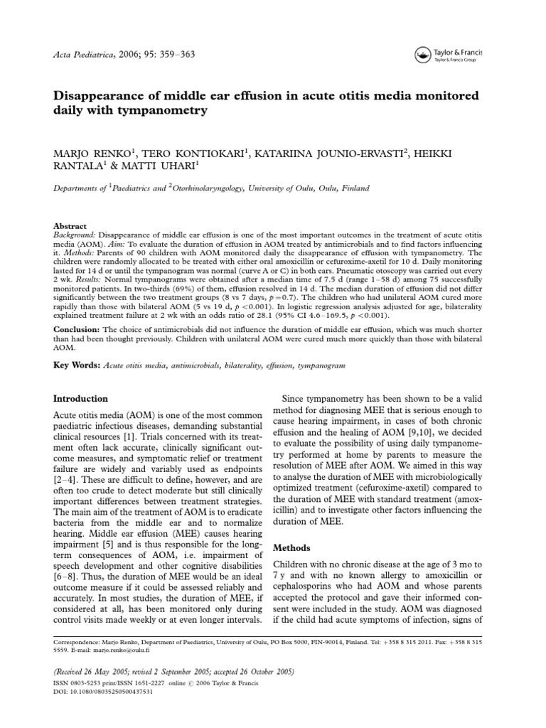 Disappearance of Middle Ear Effusion in Acute Otitis Media Monitored ...