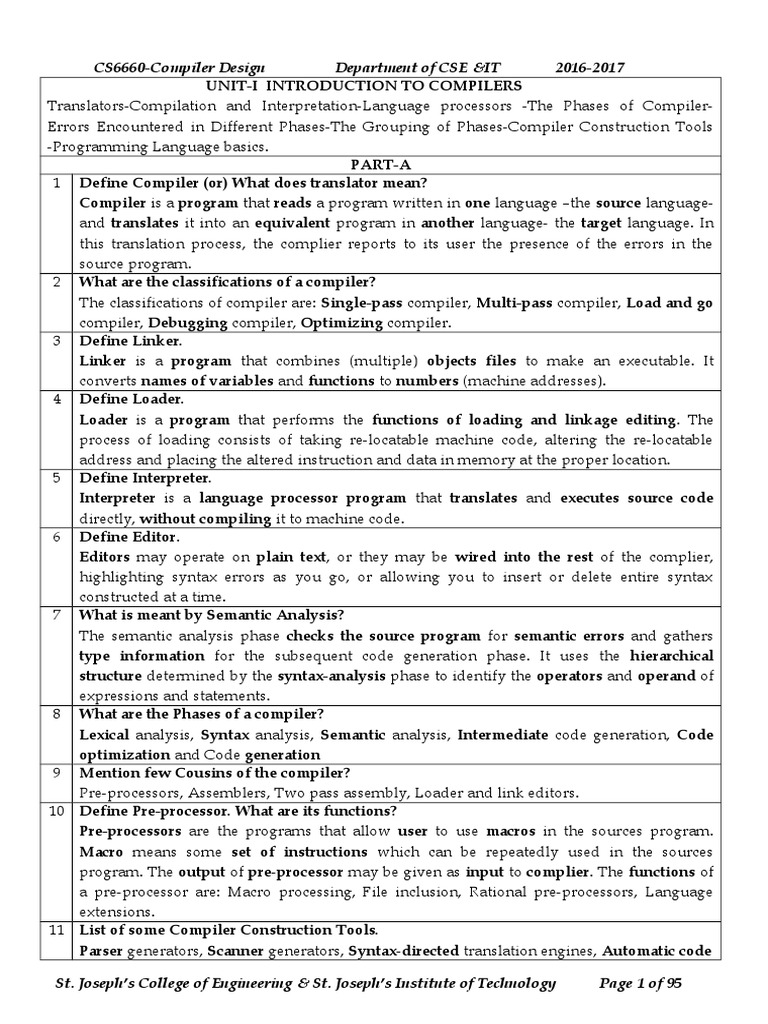 Unit-I Introduction To Compilers: CS6660-Compiler Design Department of CSE &IT 2016-2017 | PDF ...