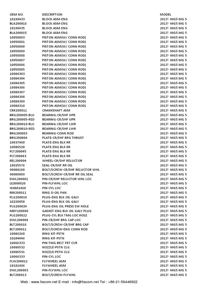 Fiacom SAIC 2013' - MG5 MG 5 Parts Catalog | Download Free PDF | Engines | Vehicle Technology