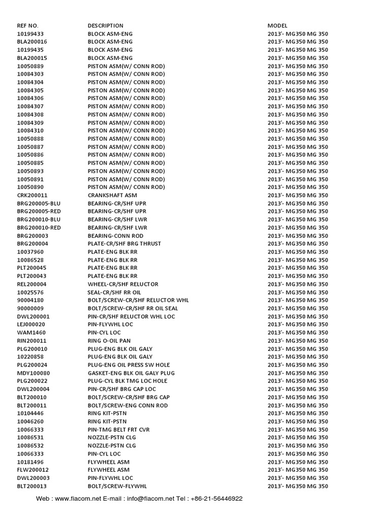 Fiacom SAIC 2013' - MG350 MG 350 Parts Catalog | PDF | Automotive ...