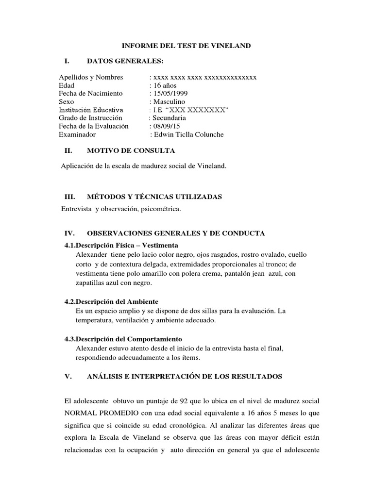 Informe Test de Vineland | PDF