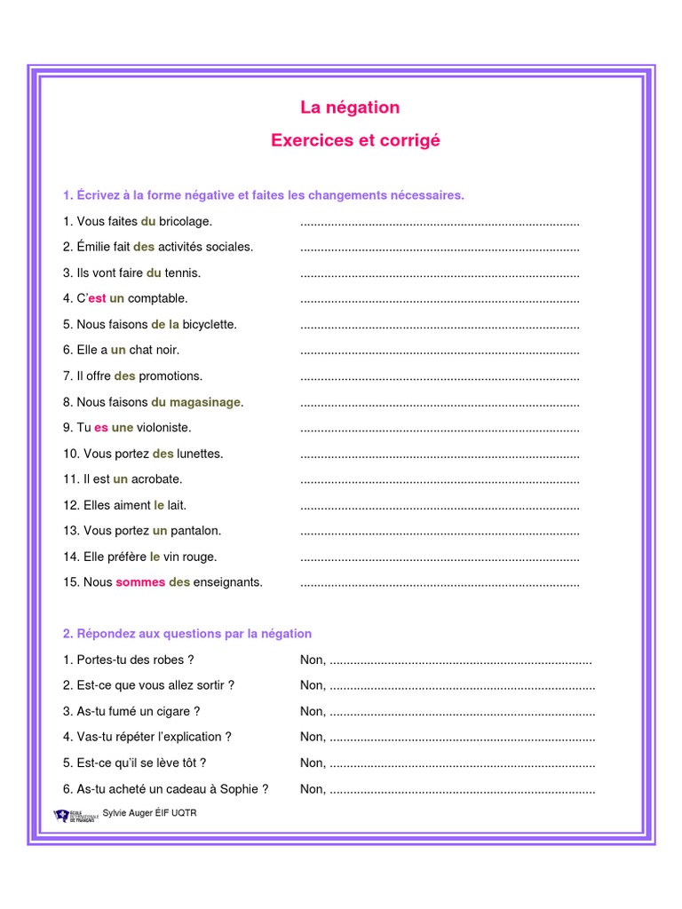 La Négation Intermédiaire Exercices Et Corrigé