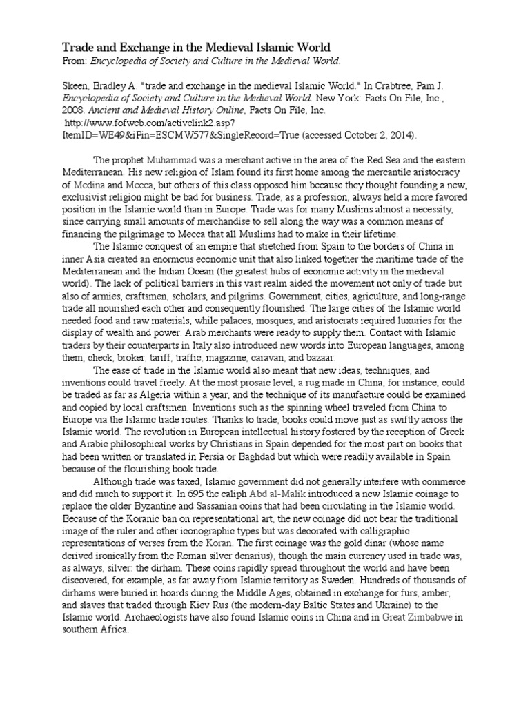 Trade and Exchange in The Medieval Islamic World | PDF | Trade | Muslim ...