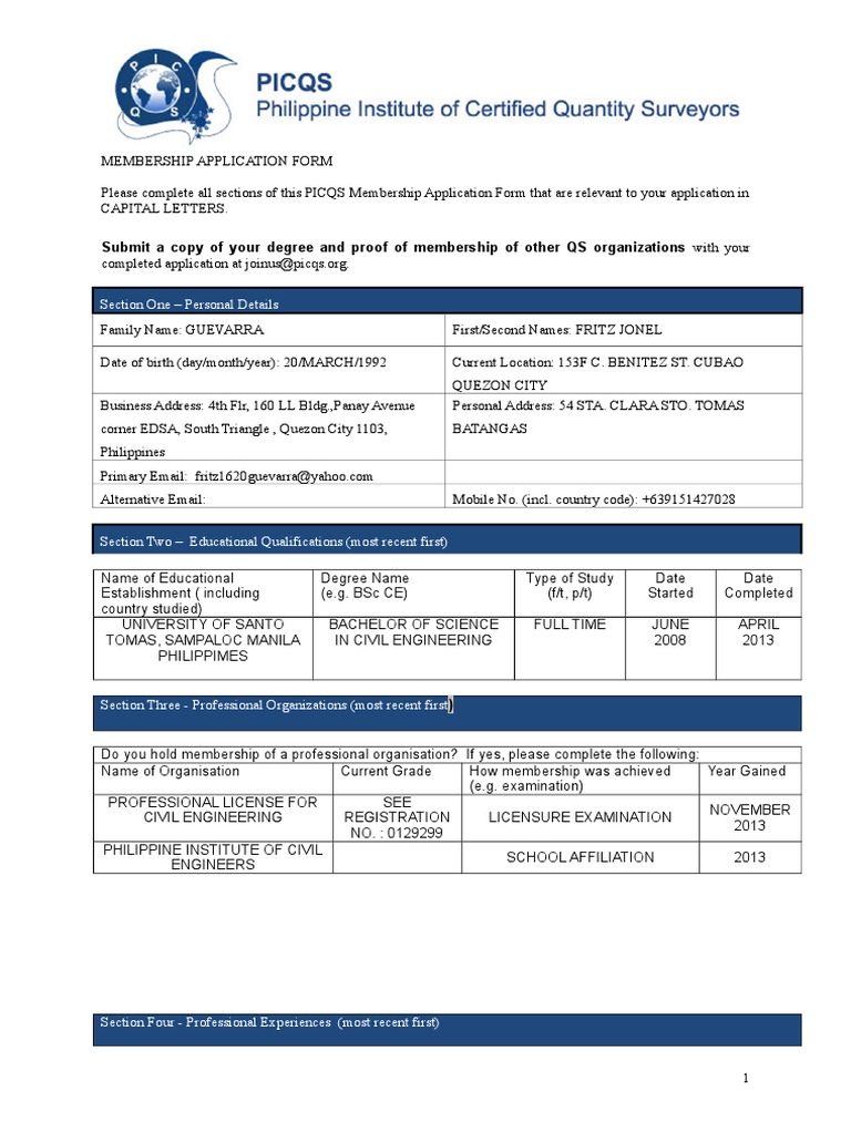 PICQS Membership Application Form | PDF | Competence (Human Resources ...