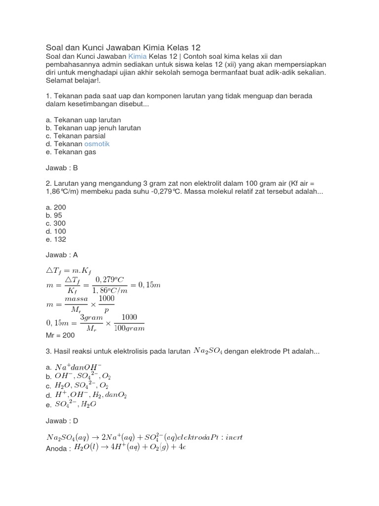 Soal Dan Kunci Jawaban Kimia Kelas 12 | PDF