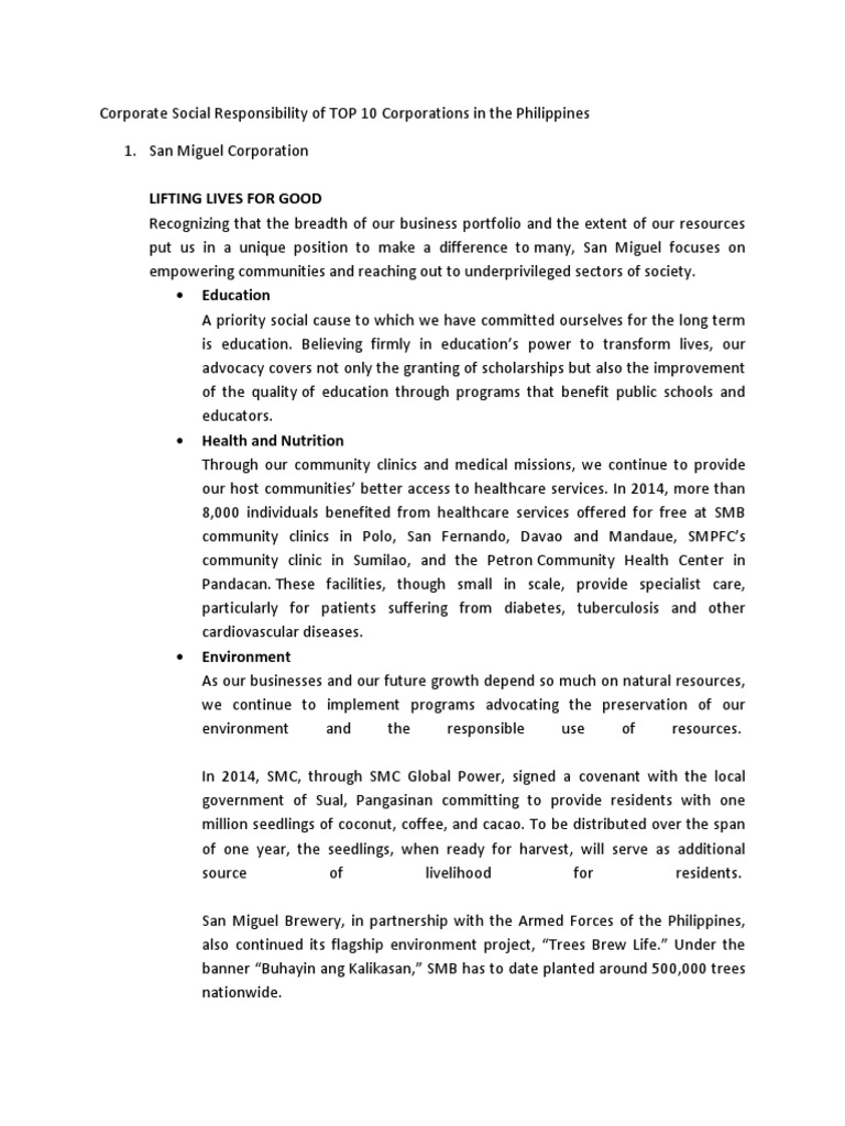 Corporate Social Responsibility of TOP 10 Corporations in the ...