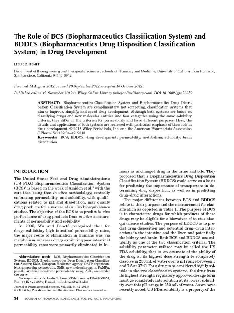 The Role of BCS (Biopharmaceutics Classification System) and BDDCS ...