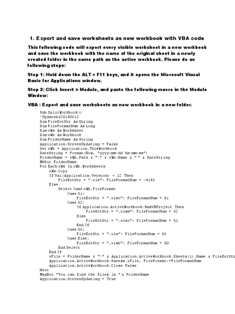 Export Worksheets as New Workbooks with VBA | PDF | Visual Basic For ...