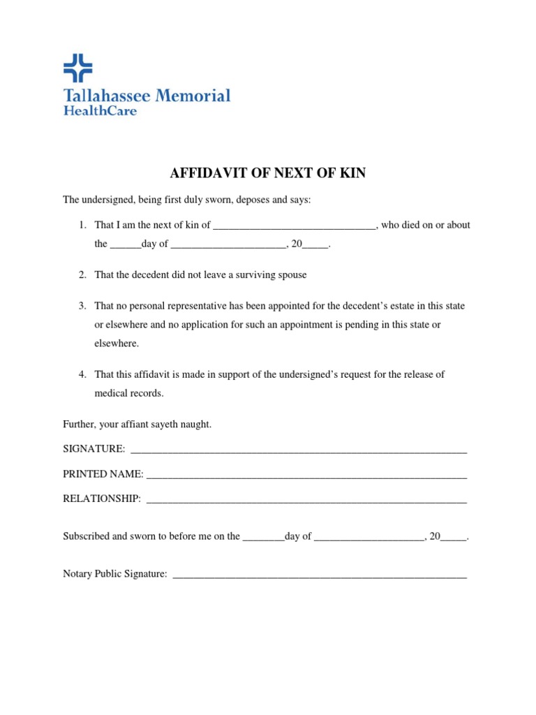 Next of Kin Affidavit Template | PDF | Affidavit | Legal Concepts