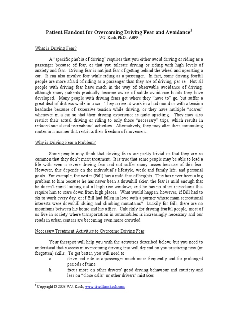 PTSD - Patient Handout For Overcoming Driving Fear and Avoidance - Koch ...