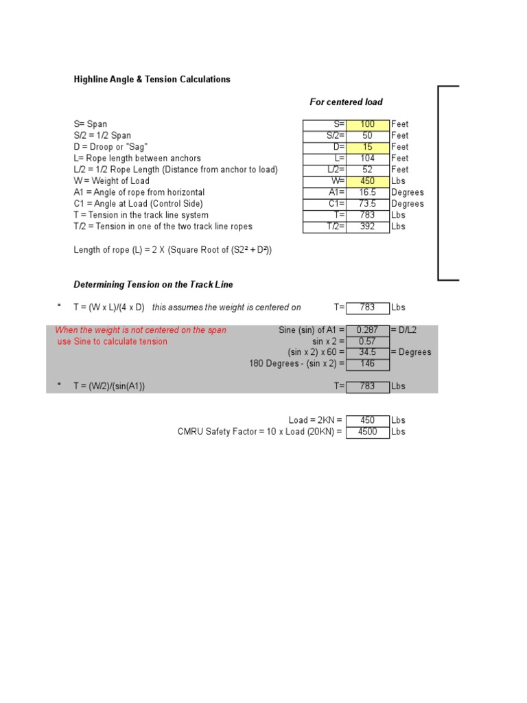 Highline Tension Spreadsheet Calculator | PDF | Sine | Space