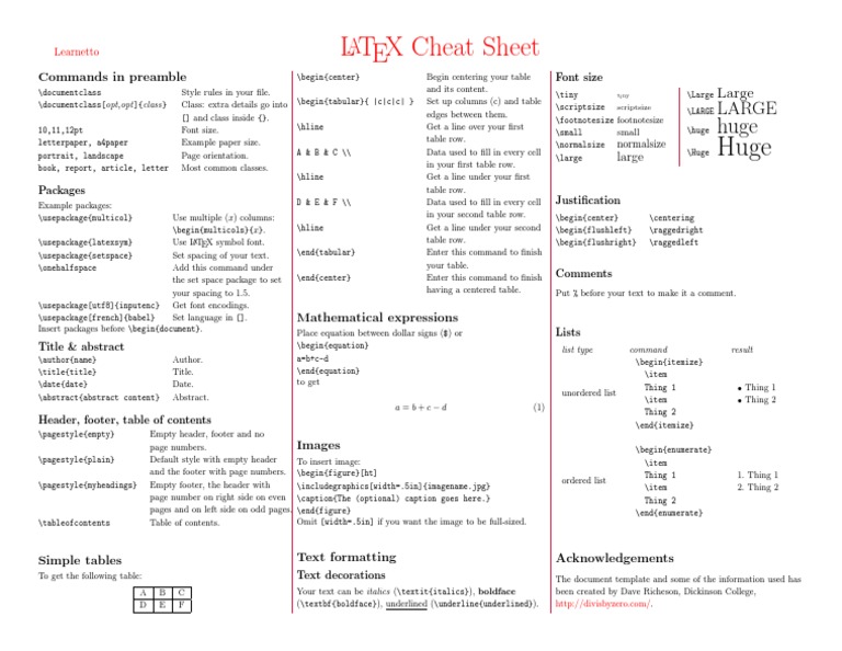 LaTeX Cheat Sheet | PDF | Typefaces | Table (Database)