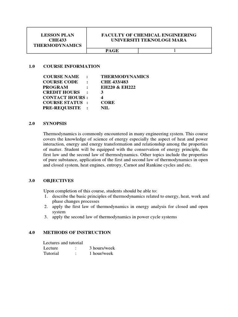 Lesson Plan CHE433 150914 3 | PDF | Heat | Thermodynamics